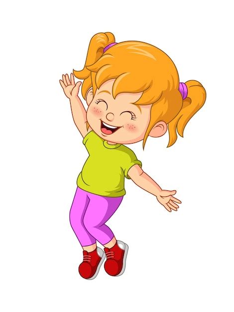 Dessin Animé Heureux Petite Fille Sautant Vecteur Premium
