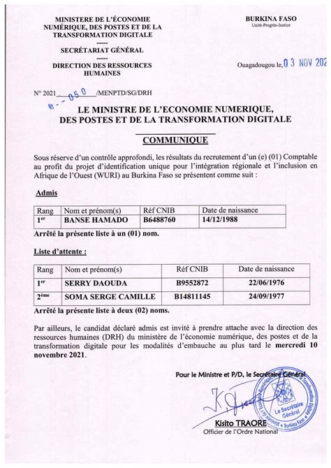 Résultats du recrutement de personnel au profit du projet WURI leFaso net
