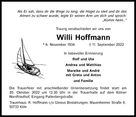 Traueranzeigen Von Willi Hoffmann WirTrauern