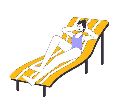 Swimsuit Woman Lying On Deck Chair Flat Line Color Vector Character Editable Outline Full Body