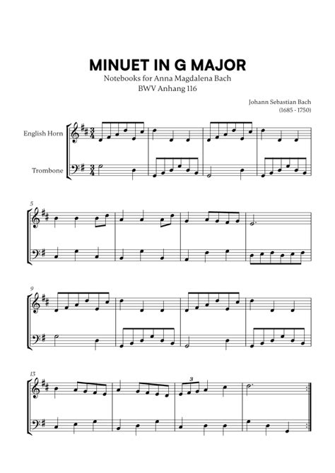 Minuet In G Major BWV Anh 116 For English Horn And Trombone Arr