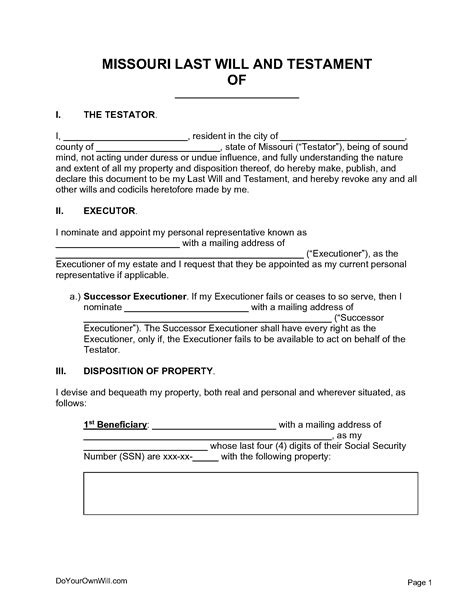 Free Missouri Last Will And Testament Form PDF WORD ODT
