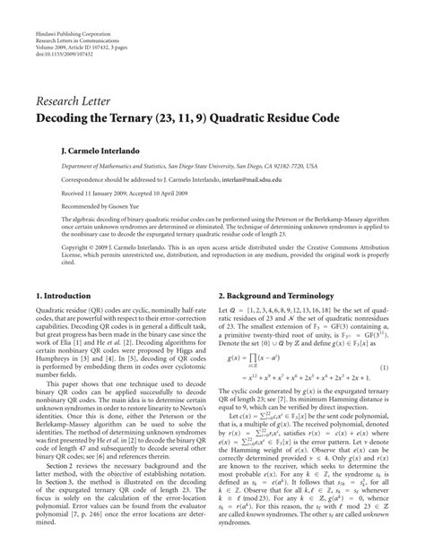 pdf decoding the ternary 23 11 9 quadratic residue code