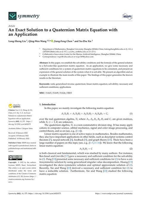 pdf an exact solution to a quaternion matrix equation with an application