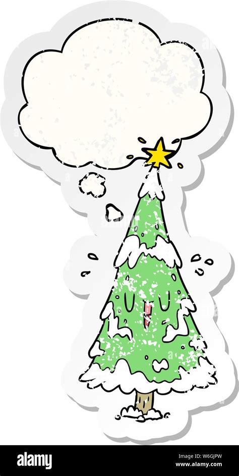 Árbol de navidad de dibujos animados con el pensamiento burbuja como