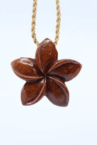 Hawaiian Koa Wood Plumeria Flower Necklace Hand Carved Genuine Koa