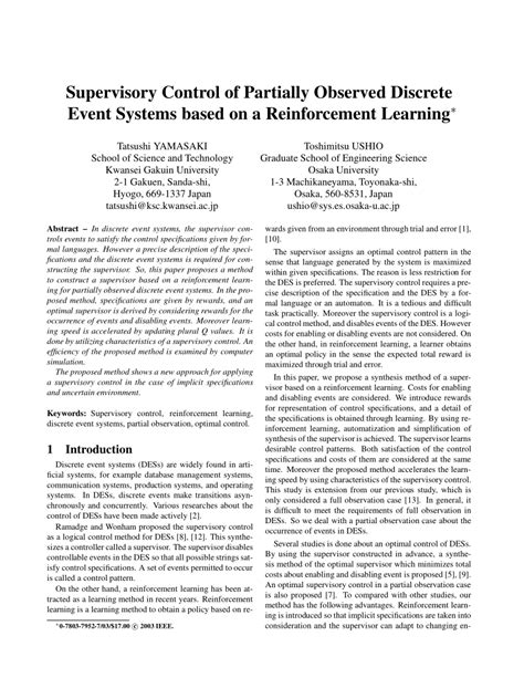 pdf supervisory control of partially observed discrete event systems based on a reinforcement