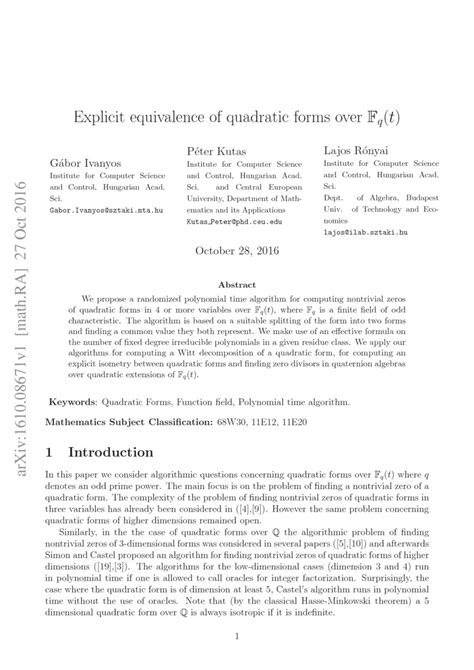 explicit equivalence of quadratic forms over f q t deepai