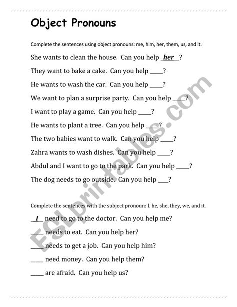 subject object pronoun fill in the blank esl worksheet by elisahope learning