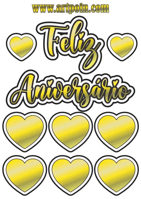 Topo de bolo feliz aniversário corações dourados png