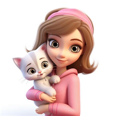Menina de desenho animado segurando um gato nos braços e sorrindo