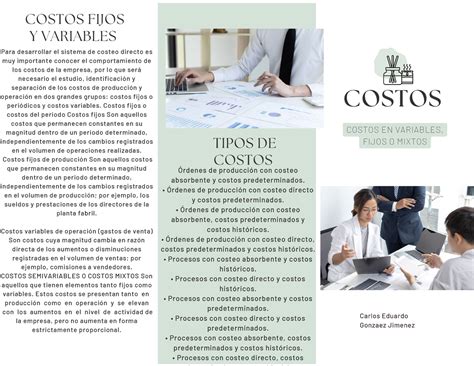 Triptico COSTOS COSTOS EN VARIABLES FIJOS O MIXTOS COSTOS FIJOS Y