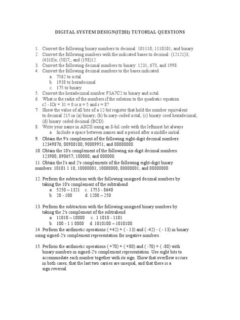 tutorial questions pdf subtraction binary coded decimal