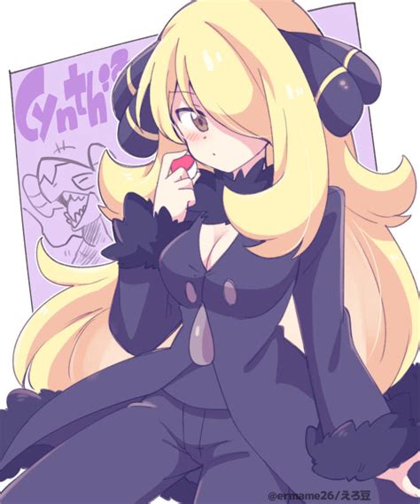 Safebooru 1girl Black Coat Blonde Hair Blush Brown Eyes Coat Cynthia Pokemon English Text