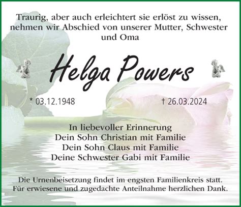 Helga Powers Traueranzeige Trauer InFranken De