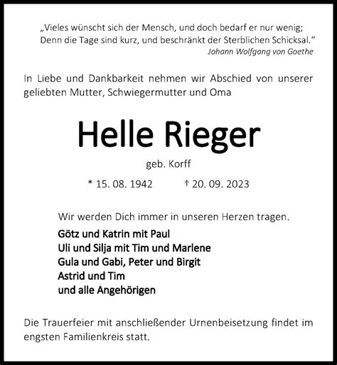Traueranzeigen Von Helle Rieger Trauer Anzeigen De