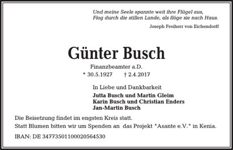 Traueranzeigen von Günter Busch trauer anzeigen de