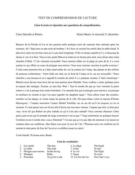 Test De Compr Hension De Lecture Test De Compr Hension De Lecture