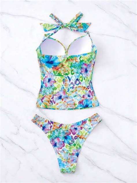 Conjunto De Tankini Con Estampado Floral Push Up Halter Top Bikini