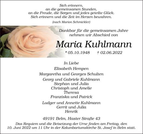 Traueranzeigen Von Maria Kuhlmann Noz Trauerportal