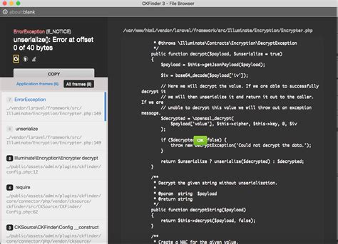 php laravel 5 5 using ckfinder 3 error unserialize error at offset 0 of 40 bytes stack