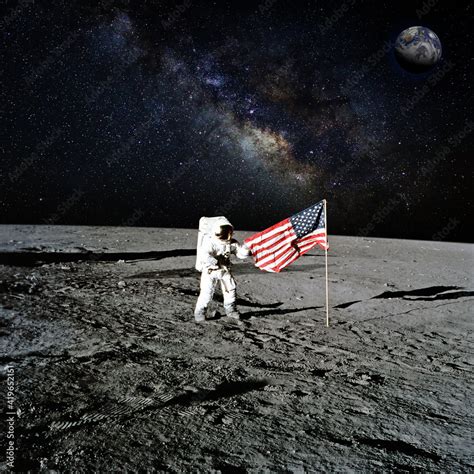Astronaut On Moon By The American Flag
