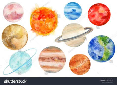Set Watercolor Planets On Isolated White Stock Illustration 1301168299