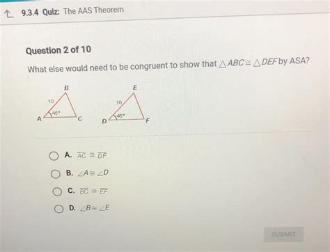 what else would need to be congruent to show that abc adef by asa