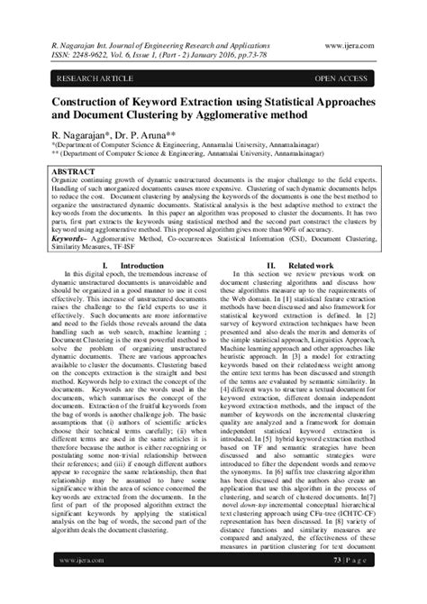 pdf construction of keyword extraction using statistical approaches and document clustering by