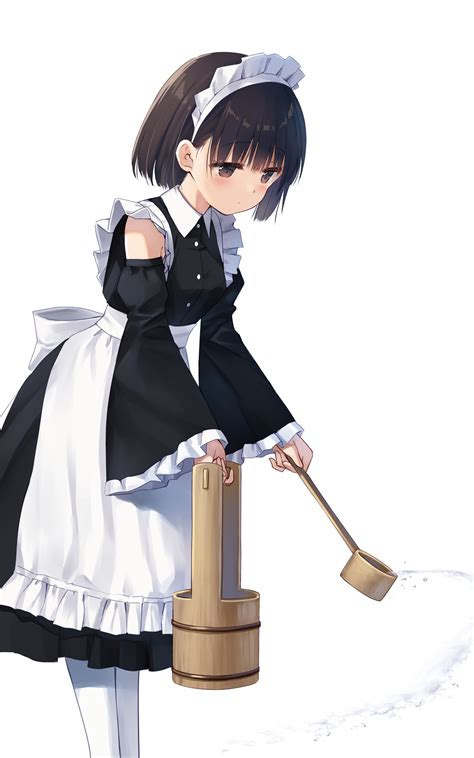 Safebooru 1girl Apron Bangs Black Eyes Black Hair Bow Breasts Bucket Closed Mouth Detached