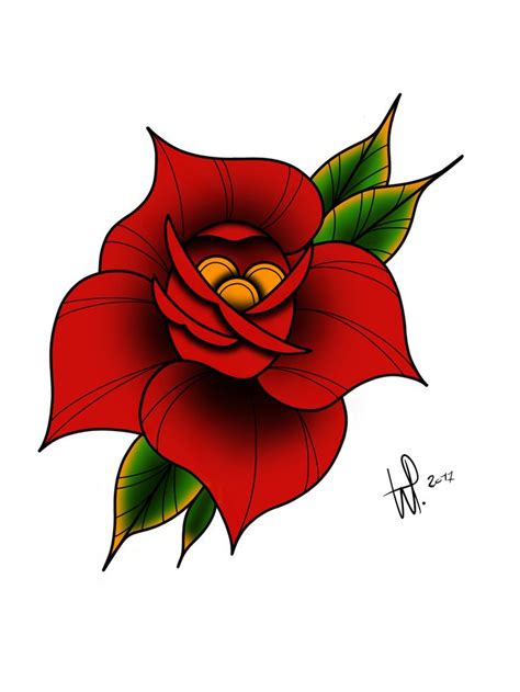 A Drawing Of A Red Flower With Green Leaves On It S Stem And Two Gold