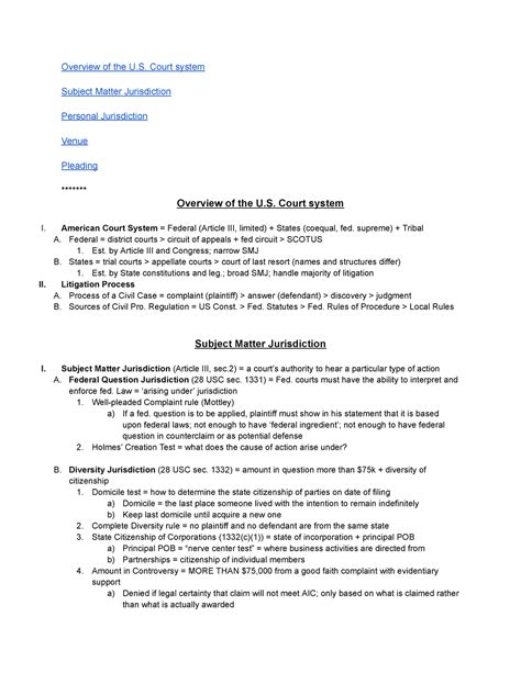 Civ Pro I Final Outline Overview Of The U Court System Subject