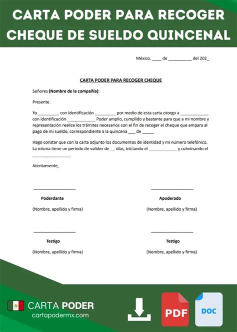 ᐅ Carta Poder para Recoger Cheque de Sueldo Quincenal