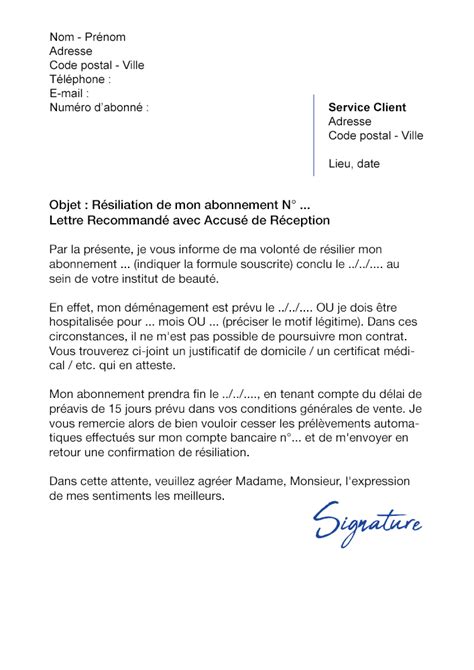 Lettre de résiliation Body Minute Instituts de Beauté Modèle PDF et Word