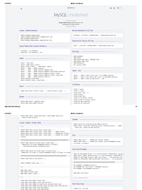 mysql cheatsheet pdf data management software data management