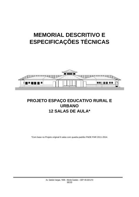 Pdf Memorial Descritivo E Especifica Es T Cnicas O Memorial