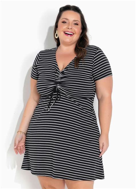 Vestido Listras Amarração Frontal Plus Size Marguerite