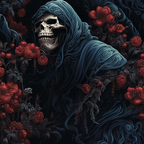 Premium AI Image Arafed Image Of A Skeleton In A Blue Robe Surrounded