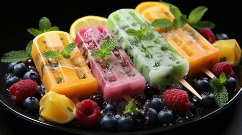 Premium Ai Image Ice Cream Popsicles With Fruits And Ice Cube On Flat Surface High Angle View