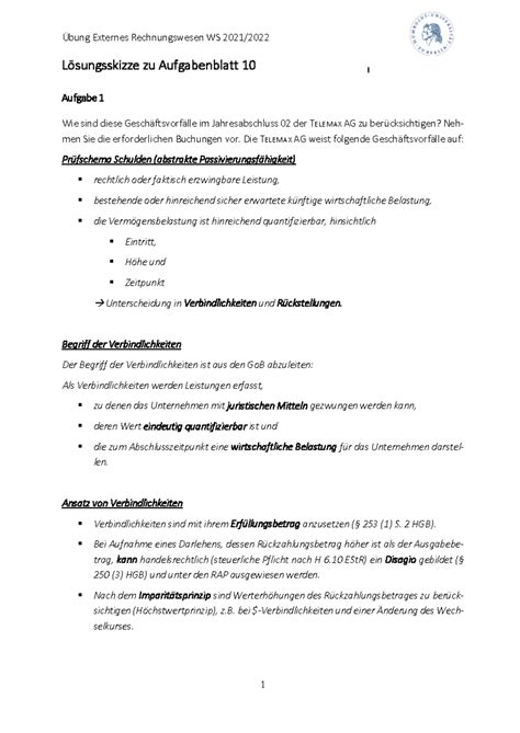 10 Exre Übung Externes Rechnungswesen Buchführung und