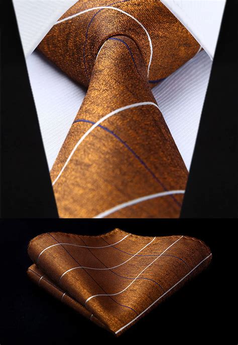 TC910Z8S Brown White Check Plaid 3 4 Silk Tie Set Party Wedding Pocket