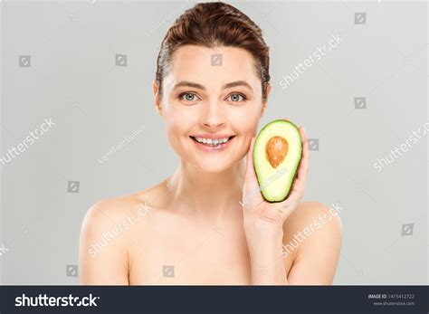 Cheerful Naked Woman Holding Half Organic Stock Photo 1415412722