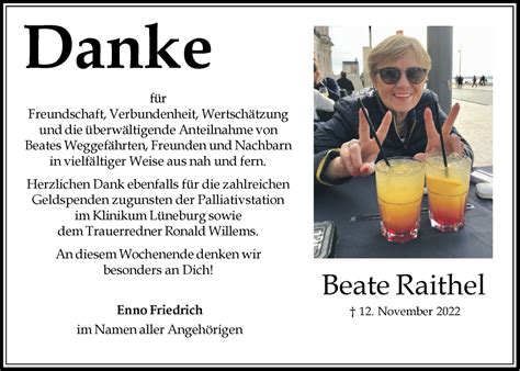 Traueranzeigen von Beate Raithel Trauer Lüneburg de