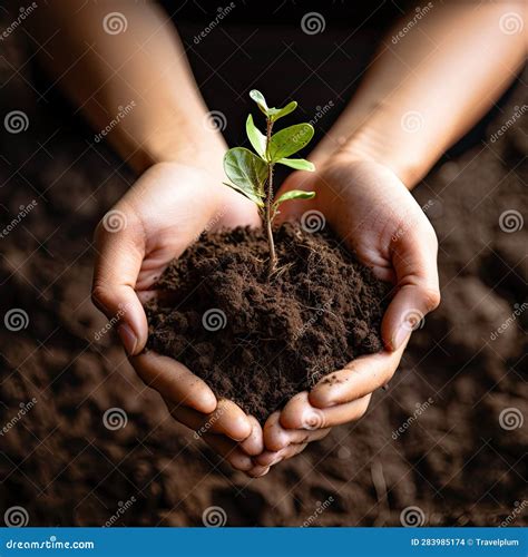 Female Hands Hold The Soil From Which A Green Sprout Grows Close Up