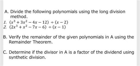 a divide the following polynomials using the long divi math