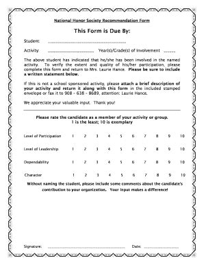 Fillable Online National Honor Society Recommendation Form Fax Email