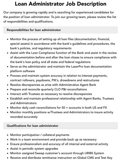 Loan Administrator Job Description Velvet Jobs