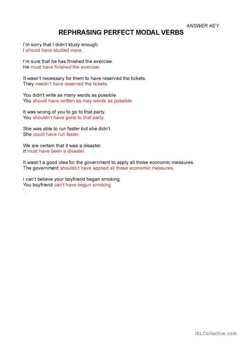 Modal Verbs Rephrasing Sentence Tran English Esl Worksheets Pdf Doc