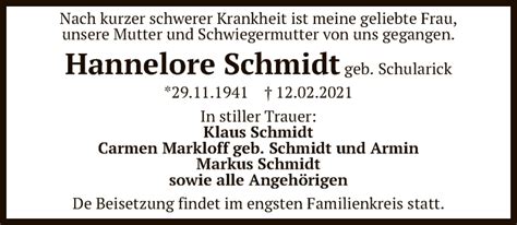 Traueranzeigen Von Hannelore Schmidt Trauer Rheinmain De