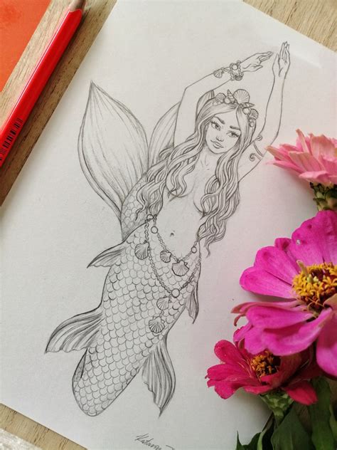 Mermaid Pencil Drawing Beautiful Nude Mermaid Artwork Naked Etsy